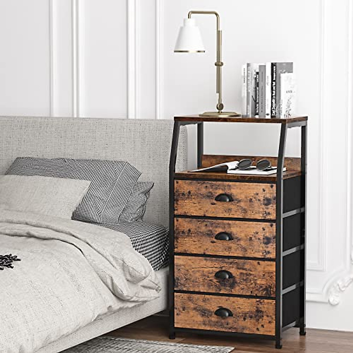 Furnulem Tall 4 Drawers Dresser, Vertical Storage Tower Fabric Dresser for Bedroom, Hallway, Entryway, Nursery, Closet Organizer, Nightstand Bedside Table Furniture, Sturdy Steel Frame, Wood Top