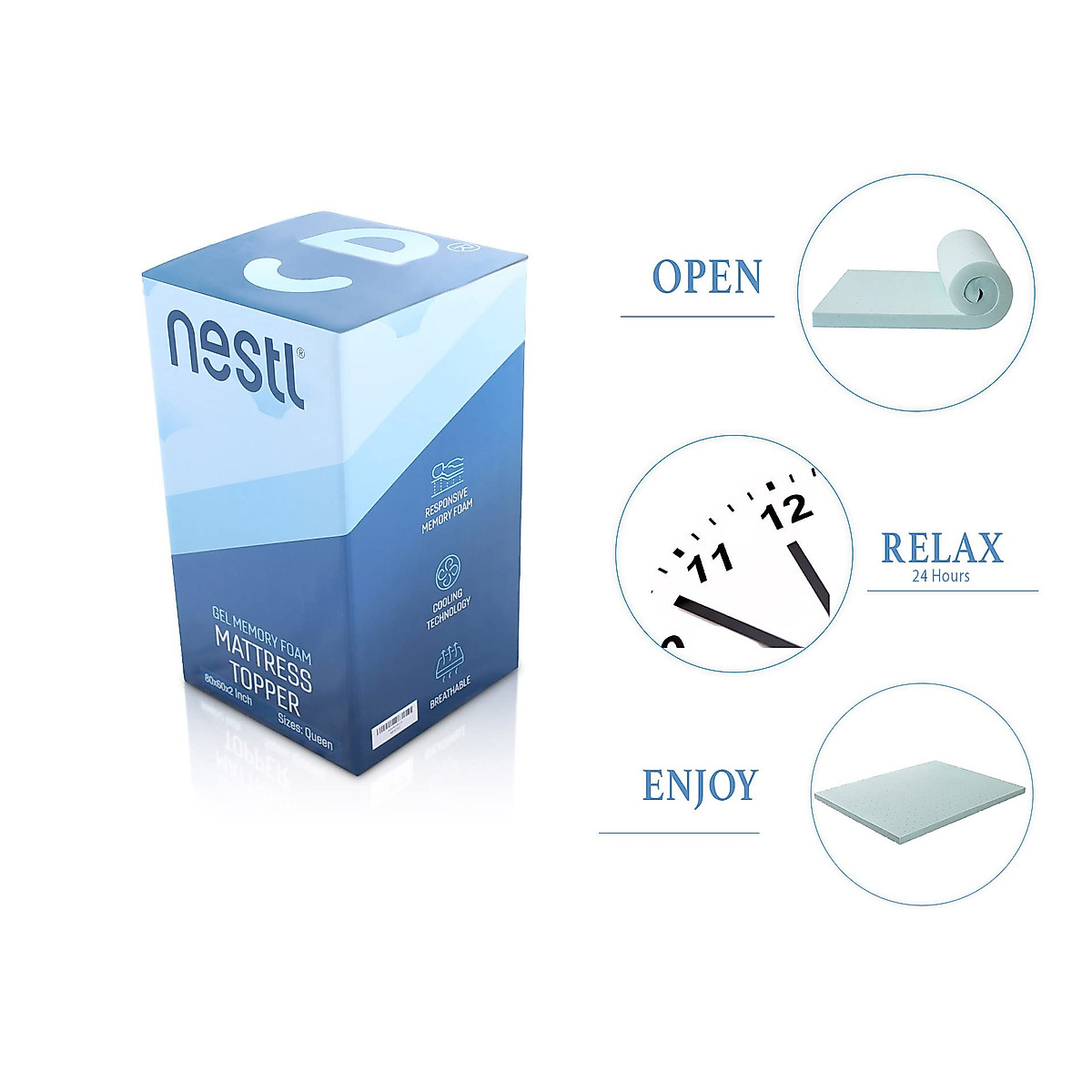 Nestl Mattress Topper, 4 Inch Memory Foam Topper, Gel Infused Memory Foam Mattress Topper, Ventilated Design Mattress Pad, Twin XL