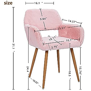 Faux Fur Chair for Bedroom Mid Century Modern Desk Living Room Chairs with Armrest, Sherpa Accent Dining Chair, Comfy Armchair with Metal Legs, Home Girls Vanity Makeup Study Office Desk Chair (Pink)