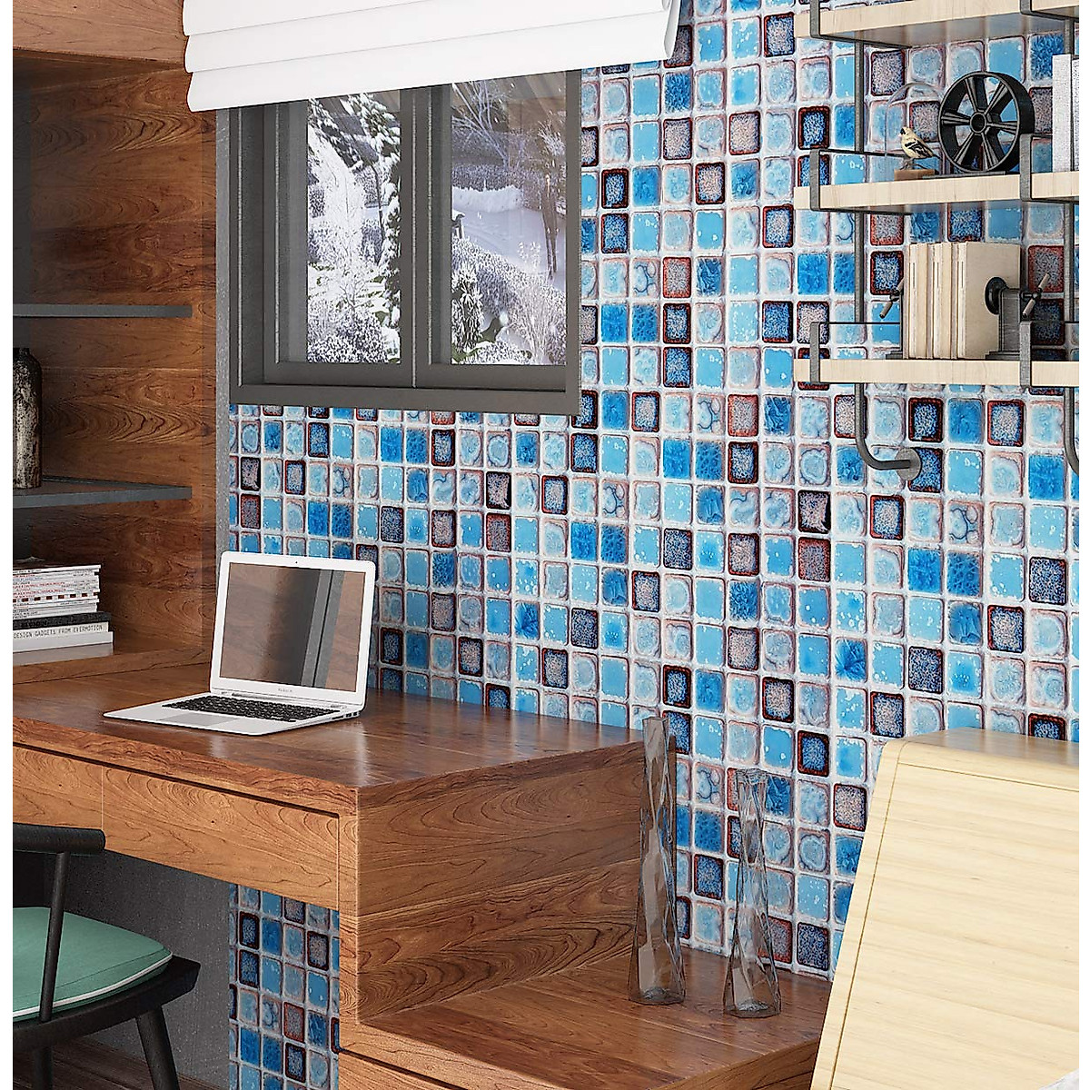 Livelynine Waterproof Wallpaper for Bathroom Shower Wall Decorative Contact Paper Self Adhesive for Furniture Stickers Kitchen Backsplash Tiles Peel and Stick Counter Removable Blue Mosaic 15.8"x78.8"