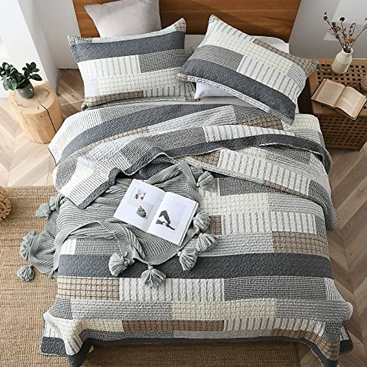 Finlonte Quilt Queen Size 100% Cotton Queen Size Quilts Grey Black Brown Bedspreads Plaid Quilts Lightweight Soft Breathable Bedding Sets for All Season, 3 Piece