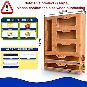 Ziplock Bamboo Bag Storage Organizer - 6 In 1 Wrap Dispenser With Cutter,Ziplock Bag Organizer suitable For Gallon, Quart, Sandwich & Snack Bag, Cling Film, Foil And Plastic Wrap Organizer