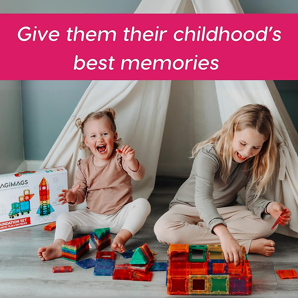 Imagimags Magnetic Building Tiles, 108 Piece Foundation Set for Boys Girls Kids, Educational Creative Learning Activity Building Block Toddler Toys, STEM, Children Ages 3 Years +