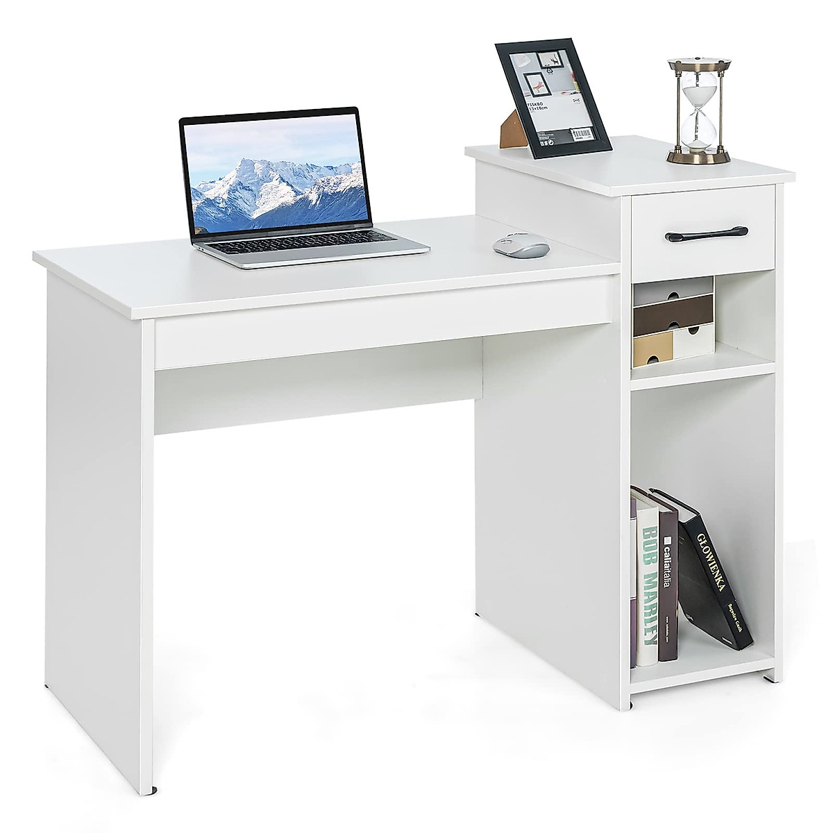 Tangkula White Desk with Storage Drawer & Shelves, Compact Desk for Small Space, Modern Wooden Study Desk Writing Desk with Storage Drawer & Compartments, PC Laptop Desk Small Desk for Bedroom
