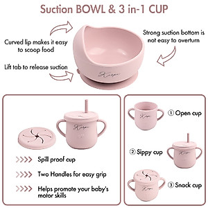 Baby Led Weaning Supplies - Kirpi Baby Feeding Set - Silicone Suction Bowls, Divided Plates, Sippy and Snack Cup - Toddler Self Feeding Eating Utensils Set with Bibs, Spoons, Fork - 6 Months (Pink)