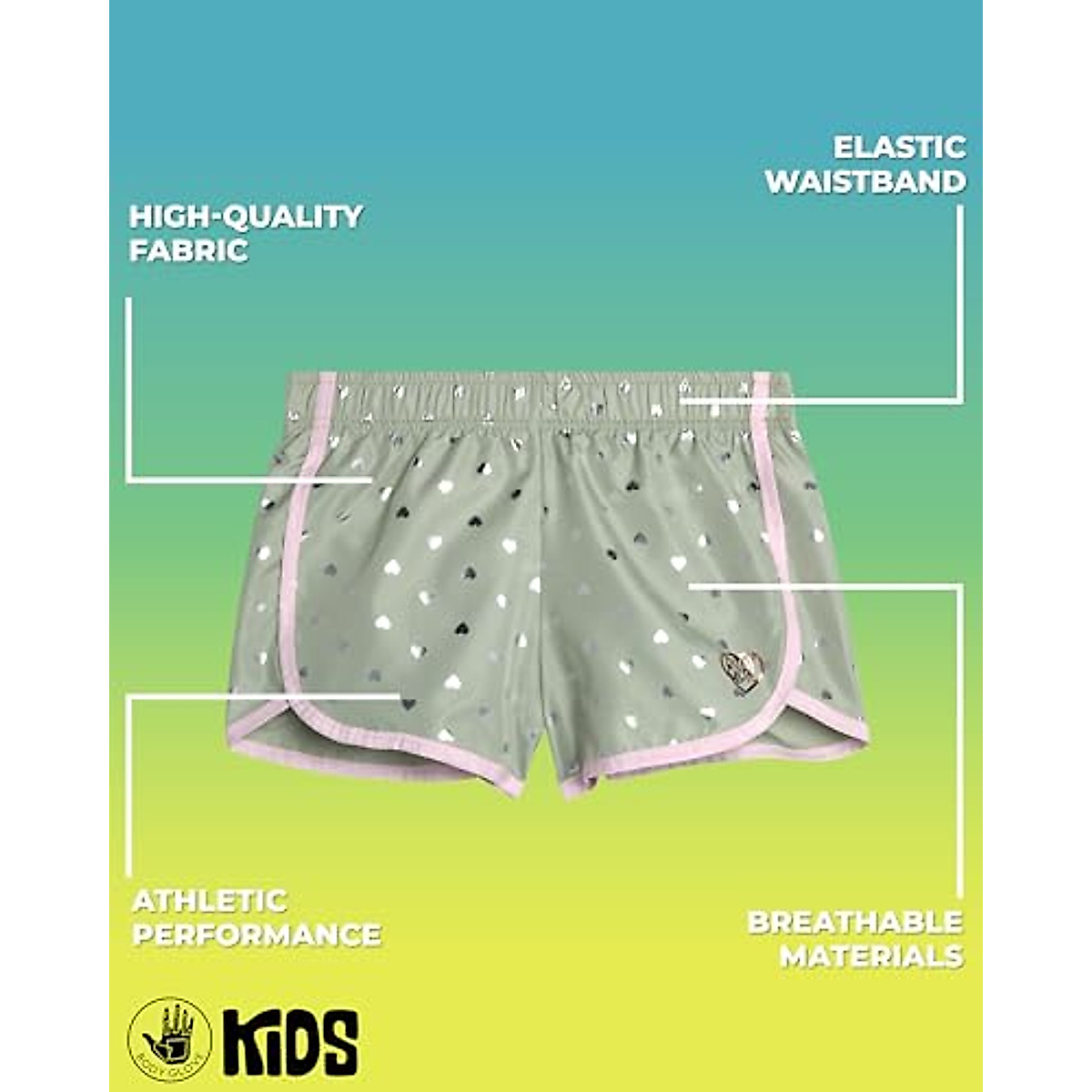 Body Glove Girls Shorts 4 Pack Athletic Performance Dry Fit Dolphin Gym Shorts, Scrunchie (7-12), Size 12, GreyPurple HeartBlackPink
