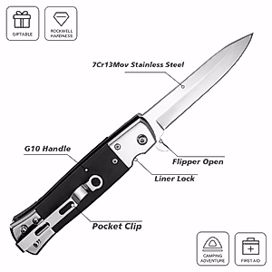 IKORES Pocket knife with G10 Handle, 3.5 inch Folding Knife with Pocket Clip and Nylon Sheath, Great Gift for Men and Women, Silver