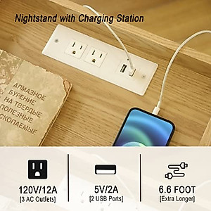 AWASEN Mid Century Nightstand with Charging Station, Rattan Night Stand with Storage, Bedside Table End Table with 2 Tiers Shelf Space for for Bedroom,Living Room, Natural Walnut