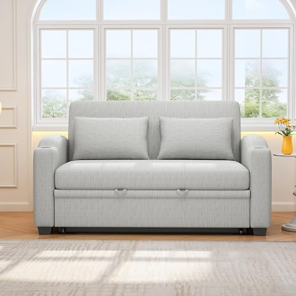 P PURLOVE Upholstered Modern Sofa Bed with Armrest, Convertible Sofa Couch with Adjustable Backrest, Sleeper Bed with 2 Pillows, USB Port, Chenille Pull Out Sofa Bed for Living Room (White Gray)