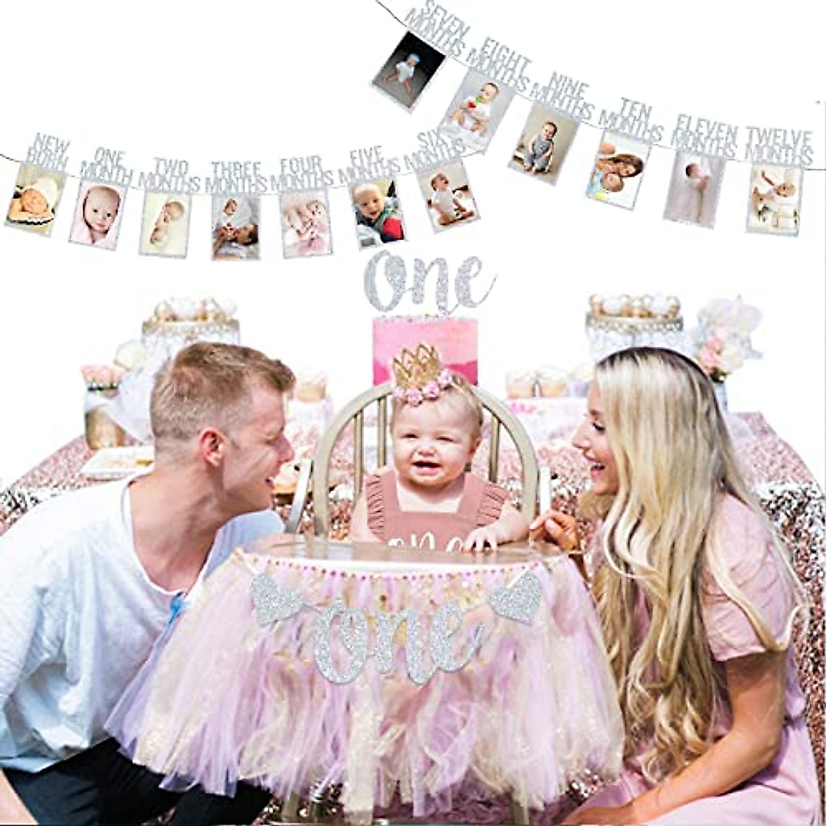 Silver 1st Birthday Baby Photo Banner for Newborn to 12 Months And Alphabet ONE Bunting, Alphabet ONE Cake Topper for Baby Show First Birthday Party Decoration