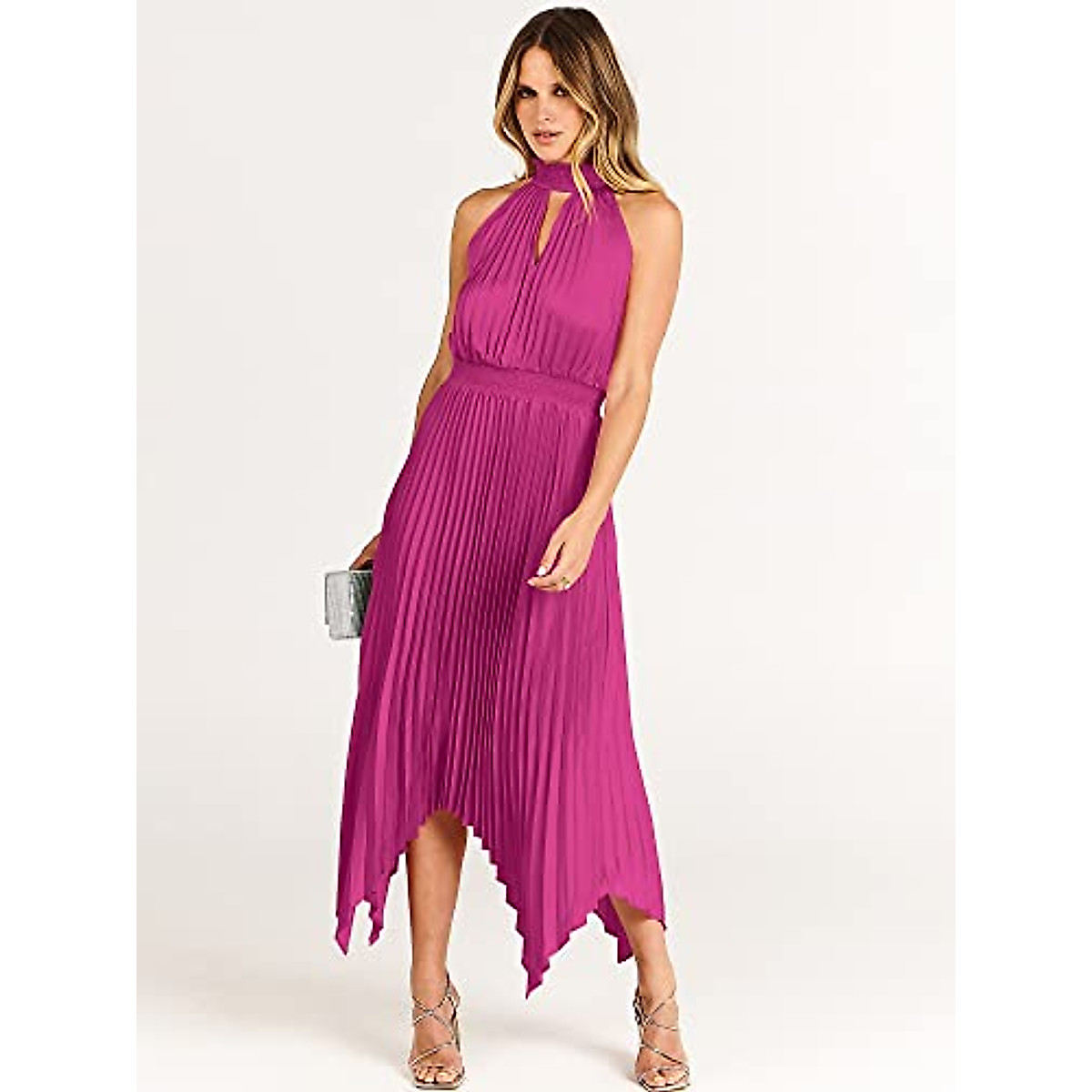 ANRABESS Women's Sleeveless Cutout Halter Neck Satin Formal Dress Smocked Pleated Asymmetric Party Cocktail Maxi Dress Elagant Wedding Guest Evening Graduation Prom Dress 752meihong-M Rose