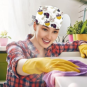 Working Cap with Button for Women 2 Packs, Sweatband Bouffant Scrub Hats, Adjustable Unisex Tie Back Ponytail Hats Hand Drawn Monkey Bunny Acorn & Mashroon