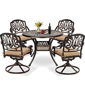 TITIMO 5-Piece Outdoor Patio Dining Set, Cast Aluminum Furniture Set All-Weather Includes Khaki Cushions and 35.4" Round Table with Umbrella Hole for Yard Garden Deck (Khaki)