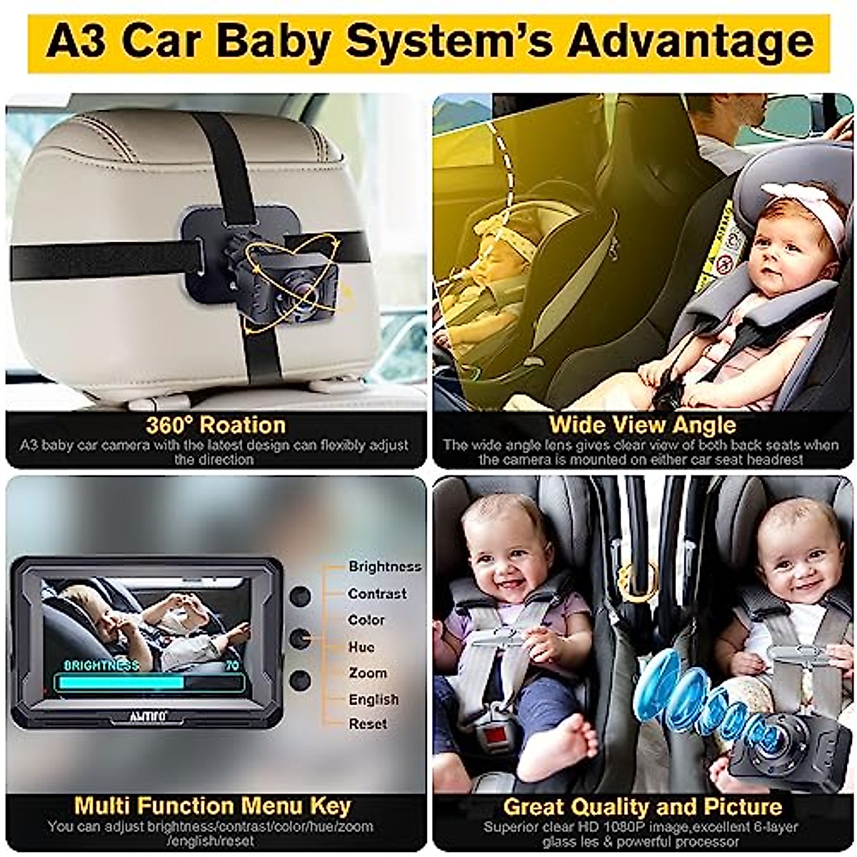 Baby Car Camera Rear Facing: HD 1080P Car Baby Monitor with Camera Wide View 360° Rotation Adjustable Backseat Camera Crystal Night Vision 3 Mins Easy to Install