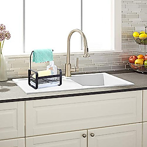 JUXYES Stainless Steel Sponge Holder with Dishcloth Drying Rack, Kitchen Sink Organizer Caddy Tray Sponge Brush Soap Holder with Removable Drain Tray for Kitchen (S, Black)