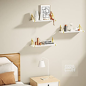 AMADA HOMEFURNISHING Rustic Floating Shelves Wall Mounted Bundled with White Floating Shelves with Gold Brackets