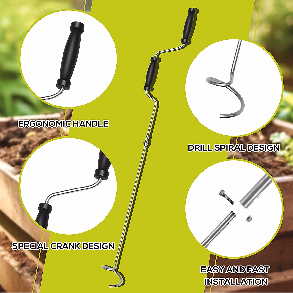 Gisafai Compost Aerator Compost Turner and Mixing Tool Compost Aerator Tool Stainless Steel Compost Aerator Tool Compost Aeration Tool for Outdoor Garden Lawn Composting