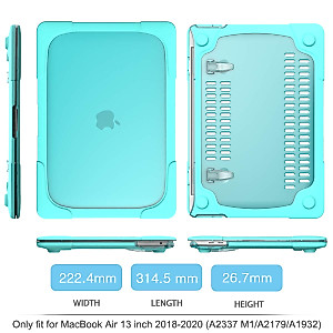 Batianda Heavy Duty Case for MacBook Air 13 inch 2020 A2179 A1932 A2337 M1 Chip with Touch ID, Hard Shell Cover with Foldable Kickstand Shockproof Function and Keyboard Cover, Cyan