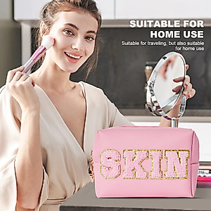 Burskit Preppy Patch Skincare Bag Travel Makeup Bag Varsity Letter Cosmetic Toiletry Cute Bag for Teen Girls PU Leather Portable Zipper Pouch Storage Purse Waterproof Organizer (Pink)