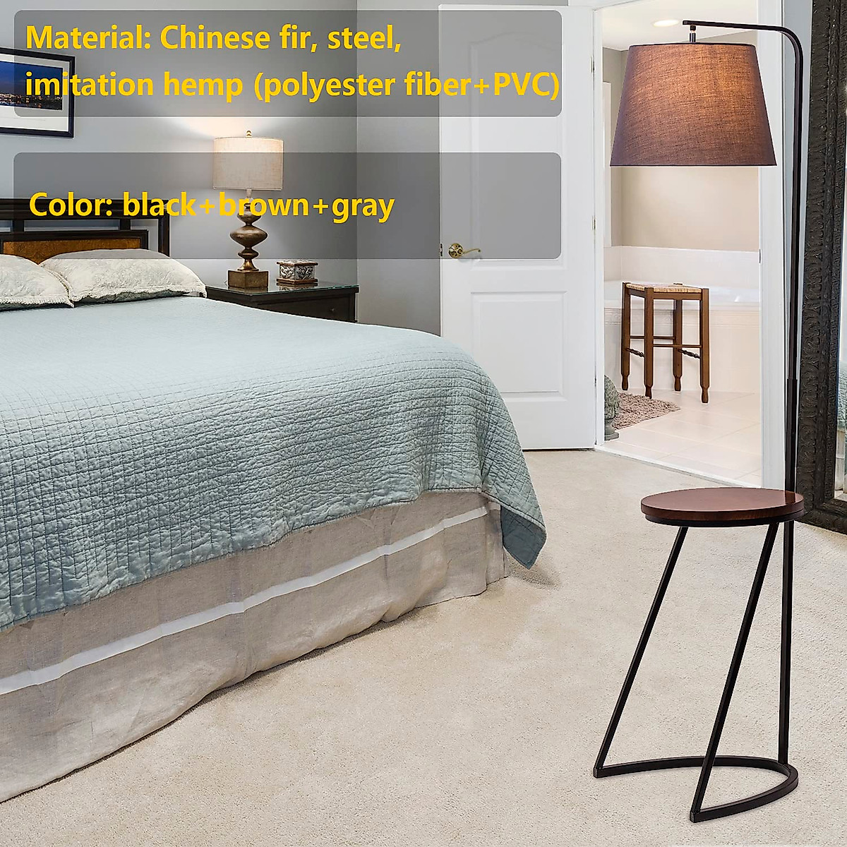 Nightstand End Table with Standing Reading Light, Rustic Brown Shade Fabric Shade Floor Lamp with Side Table, 2 in 1 Wood Bedside Floor Light for Living Room Sofa Bedroom Guest Room, 65" H (No Bulb)