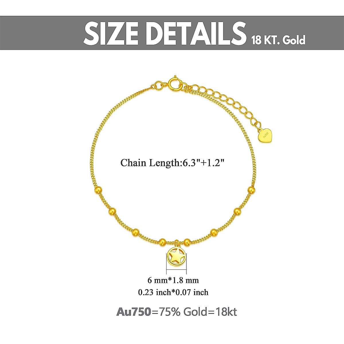18k Solid Gold Bracelet for Women, Yellow Gold Durable Cuban Chain Bracelet with Dangle Star Jewelry Gift for Her, Wife, Mom, Girls 6.5"-7"