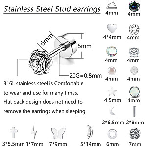 18 Pairs Cartilage Stud Earrings Set for Women Men Star Triangle Moon Heart Disc Ball CZ Small Stainless Steel Geometric Barbell Flatback Piercing (Silver)