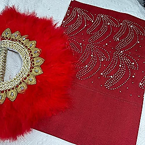 Msbfea RED Feather Fan with ASO Oke Headtie Matching for Ladies Wedding Party Nigerian Style Fan Design African - ASO Fan Color 286