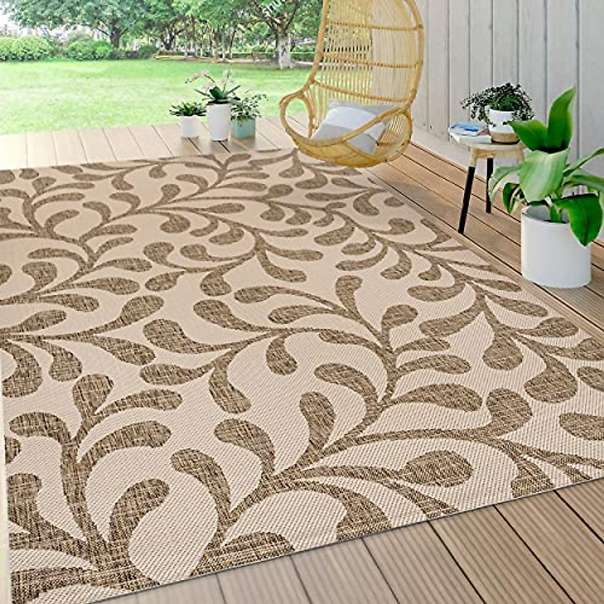 JONATHAN Y SMB117A-3 Vine All Over Indoor Outdoor Area-Rug Bohemian Coastal Easy-Cleaning Bedroom Kitchen Backyard Patio Non Shedding, 3 X 5, Brown/Beige