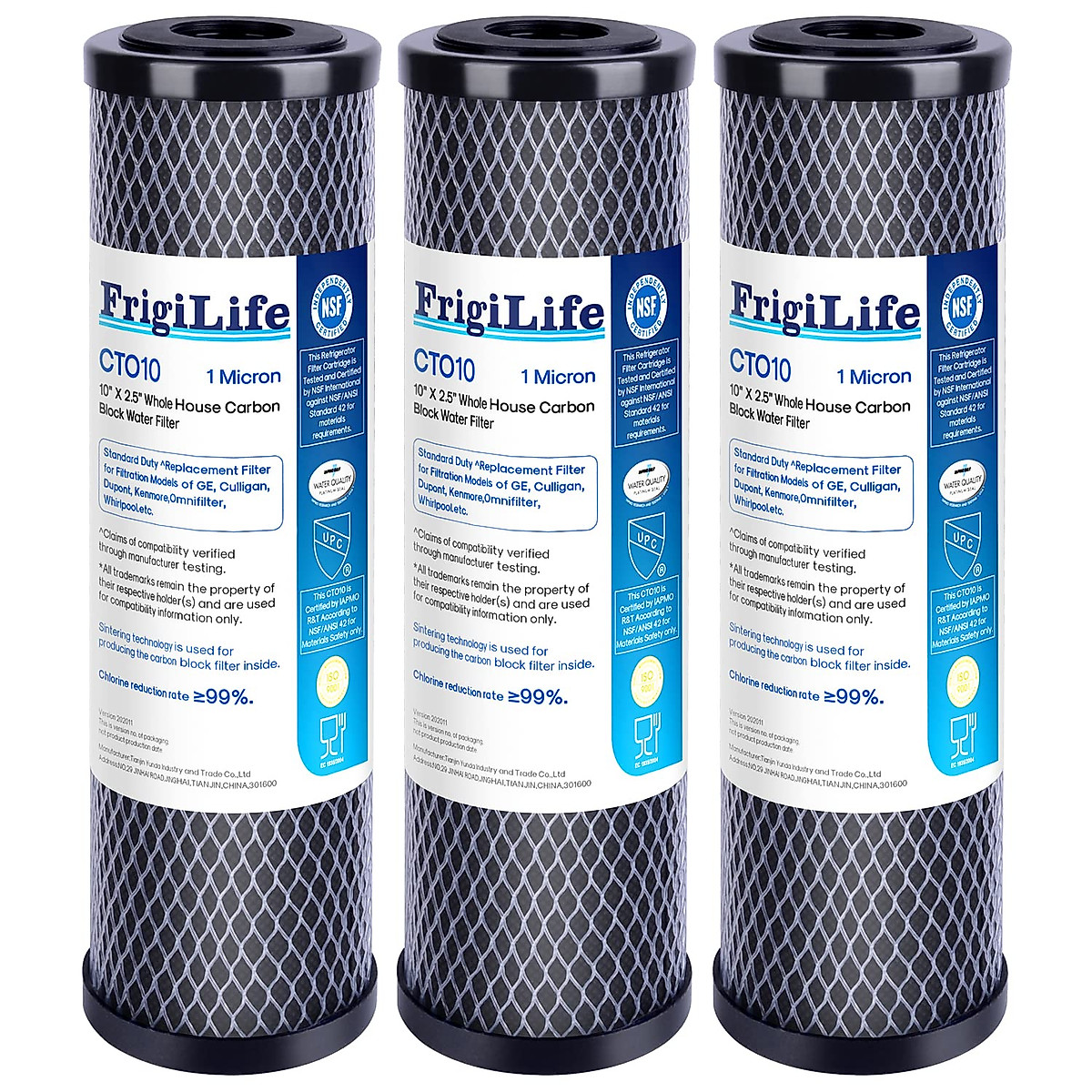 FrigiLife 1 Micron 10" x 2.5" Whole House CTO Carbon Sedimen Water Filter Compatible DuPont WFPFC8002, WFPFC9001, SCWH-5, WHCF-WHWC, FXWTC, RO Unit for Under Sink & Countertop Filtration System,3Pack