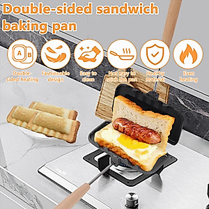 Double-Sided Sandwich Baking Pan, Double Sided Frying Pan, Sandwich Grill Gas Stove Grilled Cheese Maker Nonstick Sandwich Maker Flip Grill Pan for Breakfast Pancakes, Removable Handle (Style 1)