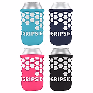 GRIPSIE Can Sleeves with Non-Slip Grip (4-Pack) Insulated Neoprene, Scuba Knit Polyester Fabric, Silicone Print Coolers for Standard 12oz Beer and Soda Cans (Multicolor)