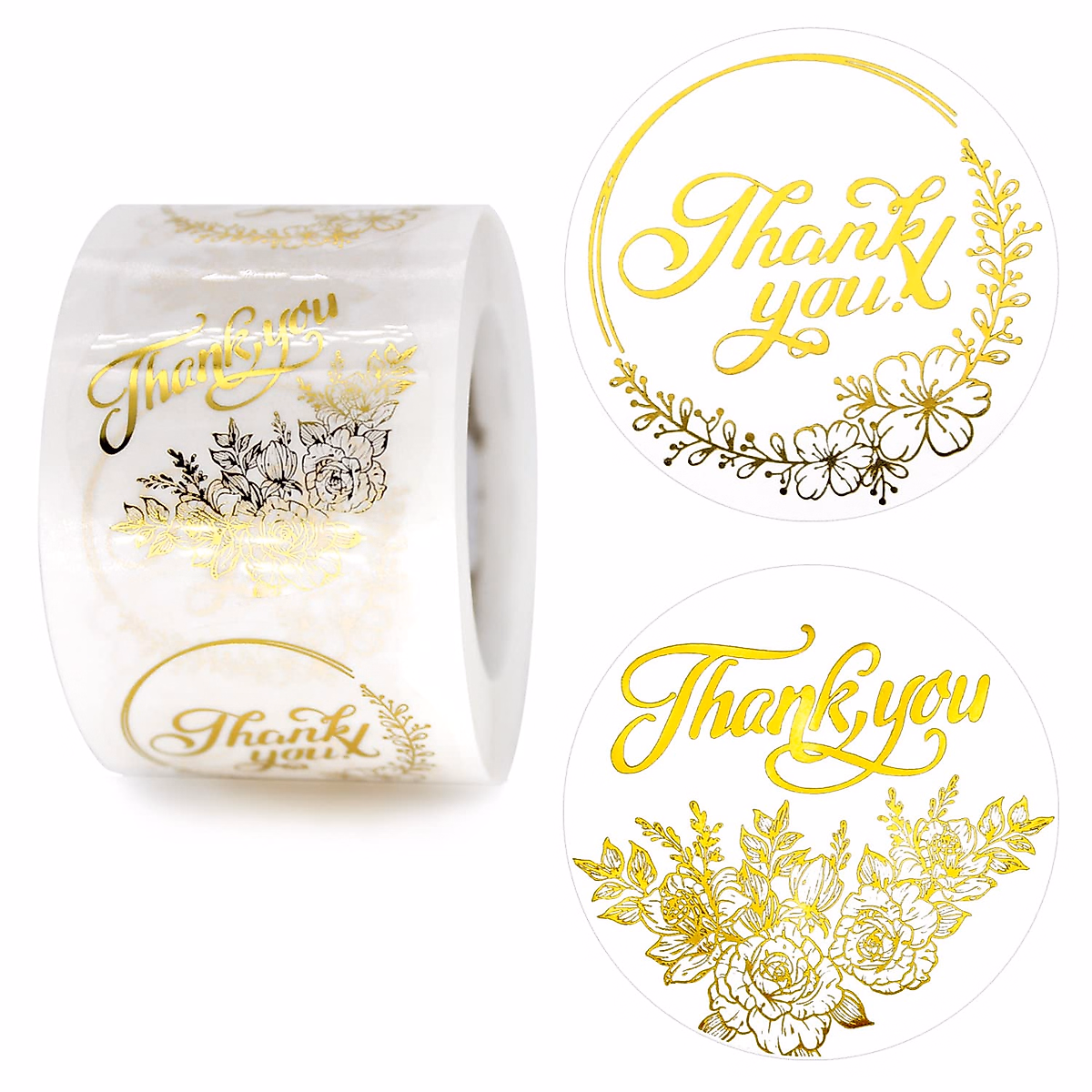 Gold Foil Thank You Stickers Roll for Small Business 500 Pcs Round Clear Wedding Stickers 2 Designs Glitter Flowers Seal Stickers Labels 1.5 Inch