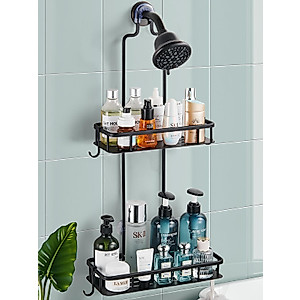 Cobbe Anti-Swing Shower Caddy Hanging with 4 Hooks for Towels/Sponge, No Drilling Bathroom Organizers and Storage Racks for Bathroom, Dorm and RV, Never Rust Aluminum, Large - Black