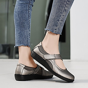 Oviaric Women's Classic Comfort Pewter Mary Jane Flats Fashion Casual Dress Shoes Cute Closed Toe Slip On Lightweight Breathable Walking Shoes 10 M US 1904-GUT100