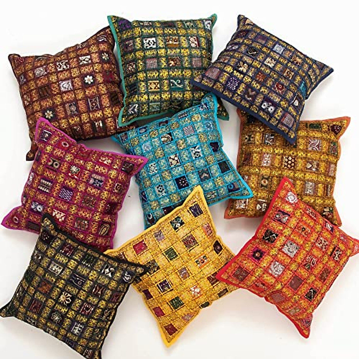 INDACORIFY Sets of Assorted Patchwork Cushion Cover, Indian Handmade Beaded Patch Pillow, Boho Pillow, Bohemian Cushion Cover, Sofa Decorative Throw Pillow (10)
