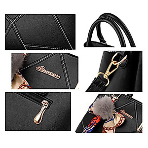 SMALLBLUER Top-handle Handbags Purse Soft PU Leather Crossbody Shoulder Bag Satchel with Bowknot Plush Ball Pendant-Beige