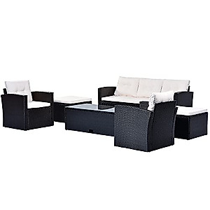 6-Piece Wicker Sofa,All-Weather PE Rattan Patio Outdoor Dining Conversation Sectional Set with Coffee Table, Wicker Sofas, Ottomans, Removable Cushions for Garden (Dark Grey Wicker+Beige Cushion)
