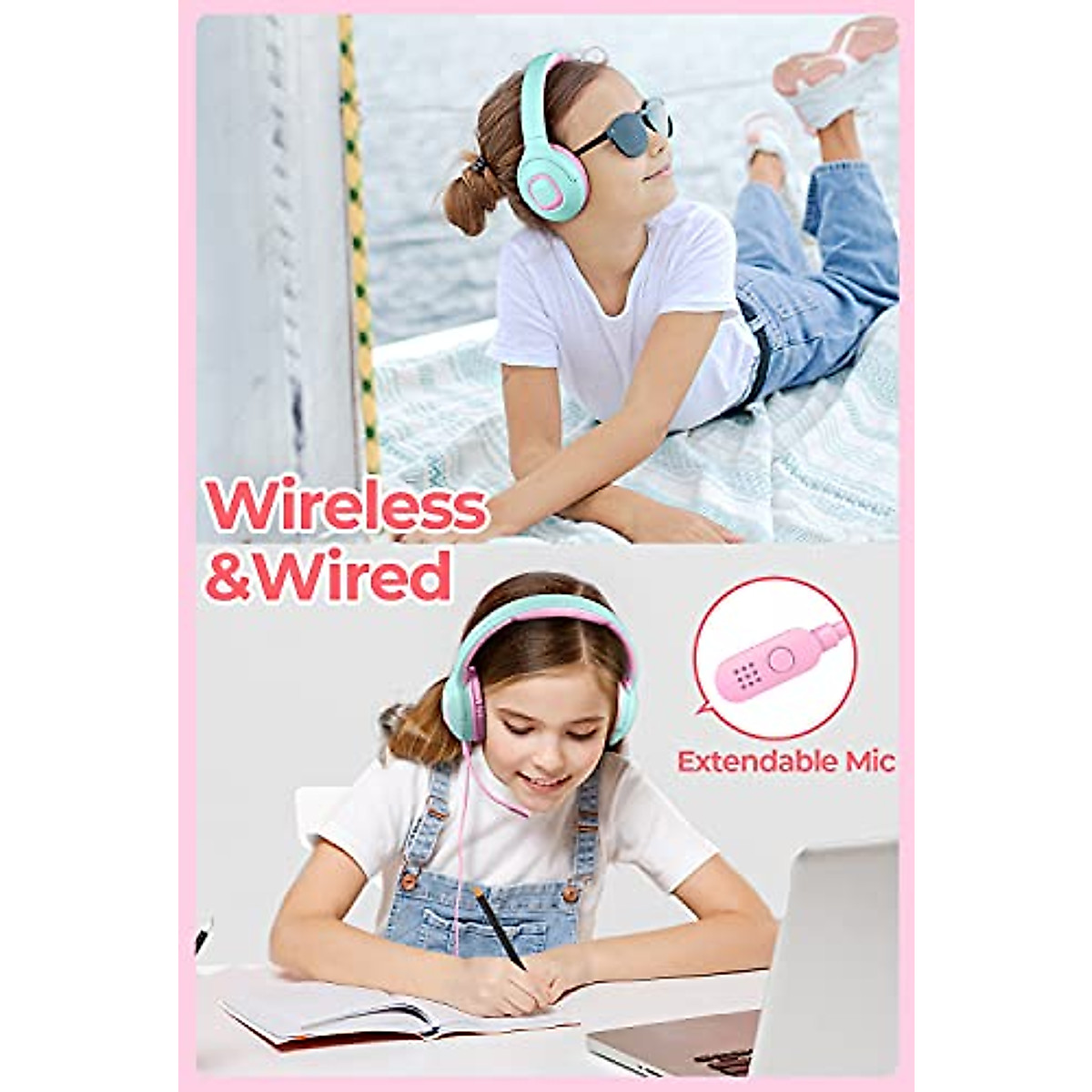 Picun E5 Kids Wireless Headphones with Microphone, Bluetooth 5.0 Over Ear Wireless Kids Headphones with Volume Control 85dB/93dB, 40H Playtime, Sharing Function, for School/iPad/Tablet/Boys/Girls