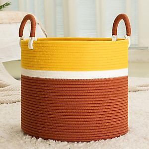 OIAHOMY 13.8x13.8x17.7 Inches Nursery Hamper, Decorative Blanket Basket for Living Room, Tall Laundry Basket With Handles, Large Nursery Clothes Hamper, Woven Laundry basket Organizer (Yellow)