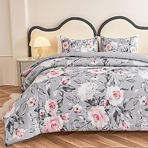 Koniroom 3 Pieces Pink and Grey Comforter Set Queen Size, Floral Bedding Sets with Pink Flowers and Leaves Pattern for Women Teen Girls, Reversible All Season Comforter with 2 Pillow Shams