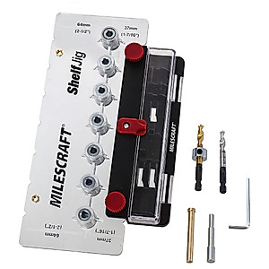 Milescraft 1343 Shelf Jig – Create ¼ in. and 5mm Shelf Pin Holes for Cabinets. Standard 32mm Spacing. Shelf Pin Jig includes Two Drill Bits