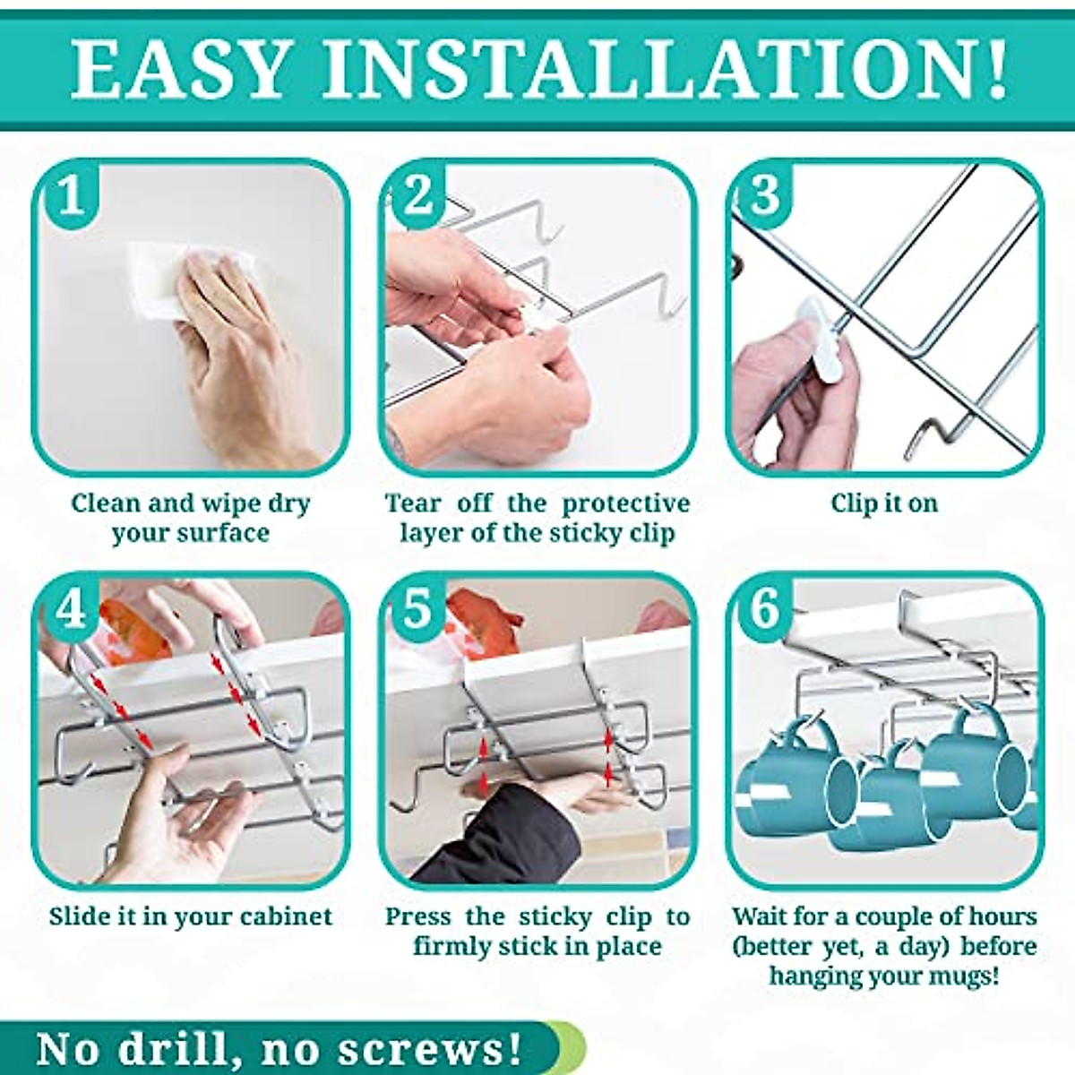 Mug Hooks Under Cabinet 8 Hooks Cabinet Max Thickness 0.78" Steel Wire Coffee Mug Hangers Utensil or Towel Hook Under Shelf Mug Holder with Stronger Grip Adhesive, Cup Rack Organizer for Kitchen, RV