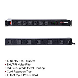 CyberPower CPS1215RMS Rackmount Surge Protector, 120V/15A, 12 Outlets, 15 ft Power Cord, 1U Rackmount