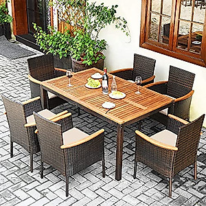Tangkula 7 Pieces Outdoor Dining Set, Patiojoy Wicker Conversation Set with Umbrella Hole, Stackable Rattan Chairs w/Soft Cushion, Table & Chairs Set with Acacia Wood Tabletop for Garden, Backyard