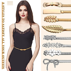 JaGely 8 Pieces Silver Gold Belts Summer Skinny Cinch Waist Metal Chain Elastic Waist Belts Summer Stretch Metallic Dress Belt Luxury Chain Belt for Summer Mom Women Wedding Dresses party