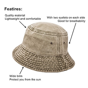 Bucket Hat, Wide Brim Washed Denim Cotton Outdoor Sun Hat Flat Top Cap for Fishing Hiking Beach Sports Khaki