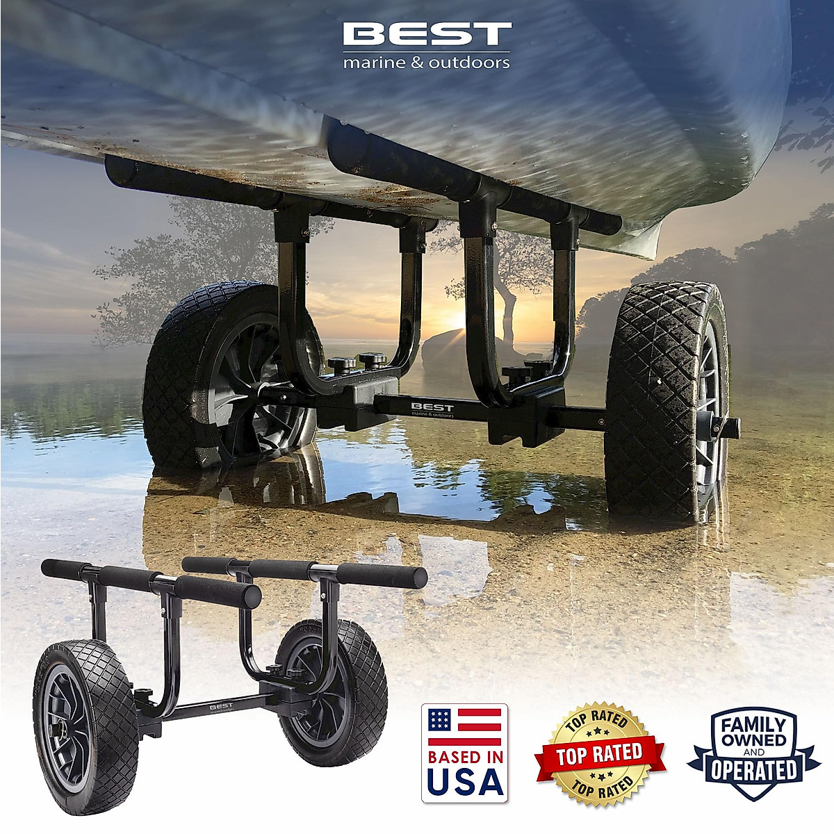 Best Marine and Outdoors Kayak Cart, Heavy Duty Dolly, 450lb Weight Capacity, Flat Free Airless Wheels, Adjustable Width Trolley Carrier, Canoe & Kayak Trailer Accessories