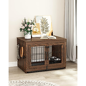 Piskyet Wooden Dog Crate Furniture with 360°Rotatable Removable Dog Bowls, Dog Crate End Table with Tray, Double Doors Dog Kennels for Dogs(M:31.8" L*22.1" W*24.1" H, Rustic Style)