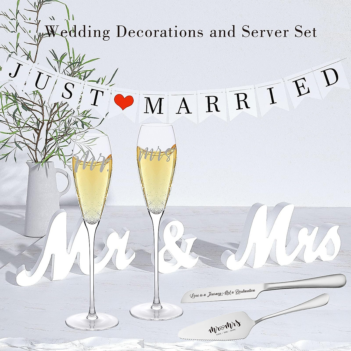 YULVINE Engraved Mr and Mrs Champagne Flutes Wooden Sign,Wedding Toasting Glasses for Bride and Groom,Cake Knife and Server Set Just Married Banner for Couple Reception Ceremony