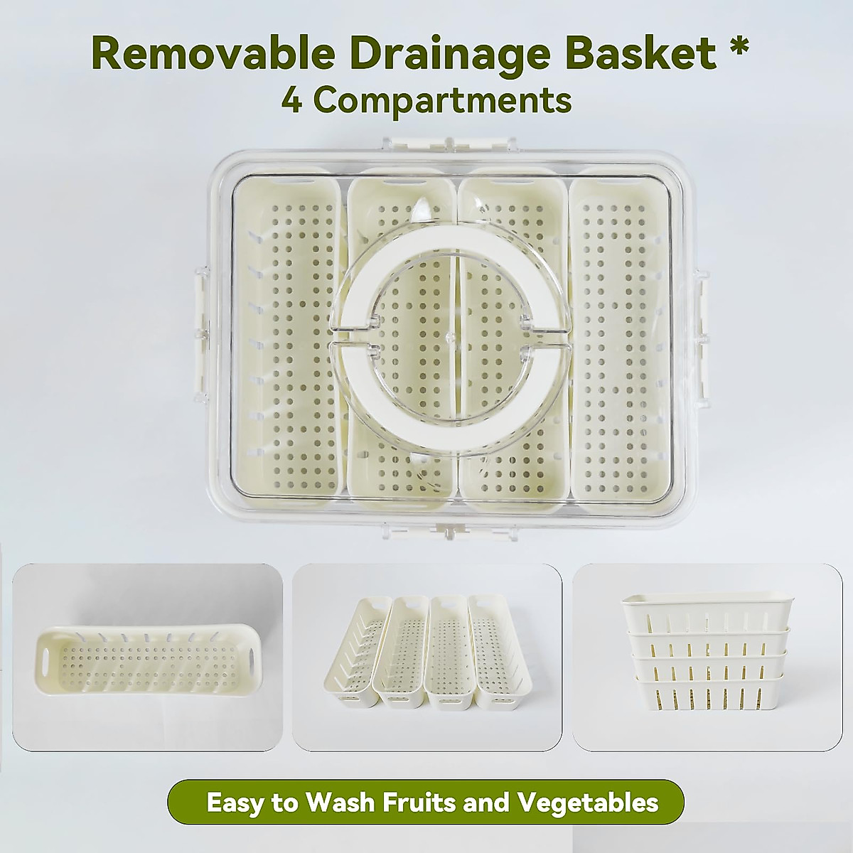 LEEHEZLY Food Storage Container for Fridge, Portable White Plastic BPA-free Box, Divided Serving Tray with Lids and Handle, Keep Fruits and Vegetables Fresh with 4 Removable Colanders (Short)